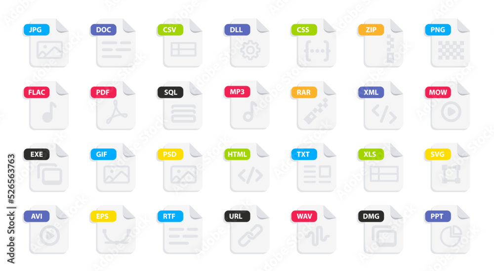 File type icon set. Popular files format and document in flat style ...