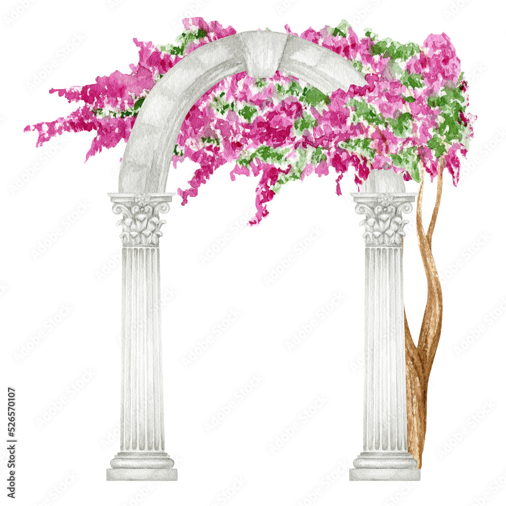 Watercolor antique arch column corinthian order with bright pink ...