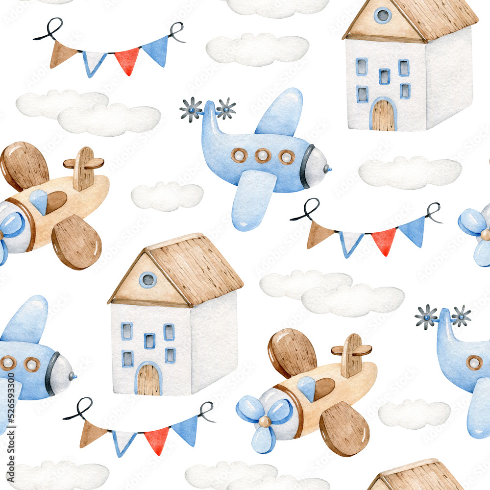 Baby pattern with airplanes, clouds, house and flags.Print for little ...