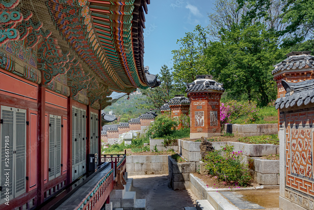 Colorful Korean painted wood building complex architecture at the ...