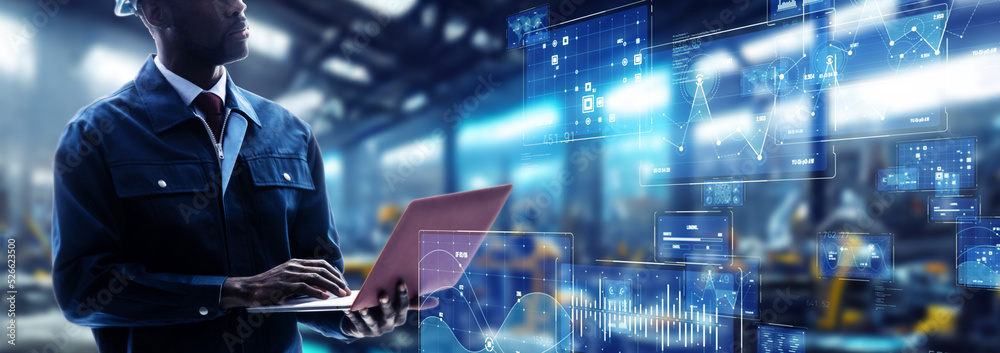 Engineer inspecting factory and digital data concept. Wide image for ...