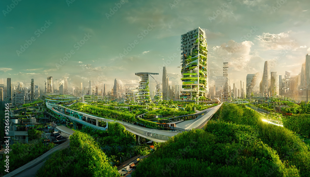 Spectacular eco-futuristic cityscape full with greenery, skyscrapers, parks, and other manmade ...