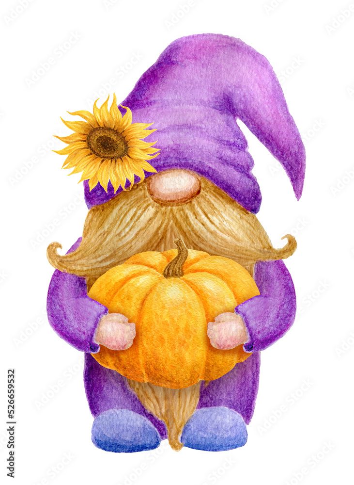 Gnome with pumpkin and sunflower. Thanksgiving or Harvest Day card ...