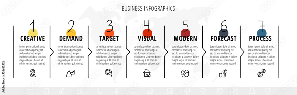 Seven creative overlapping arrows place in a horizontal row. Line ...