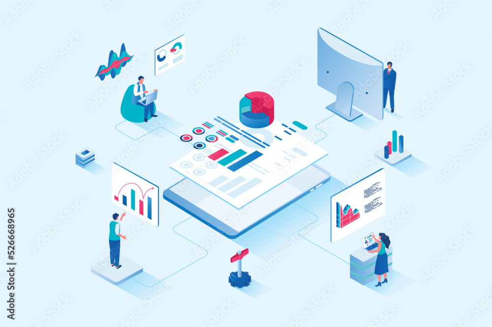 Data analysis 3d isometric web design. People work with charts ...