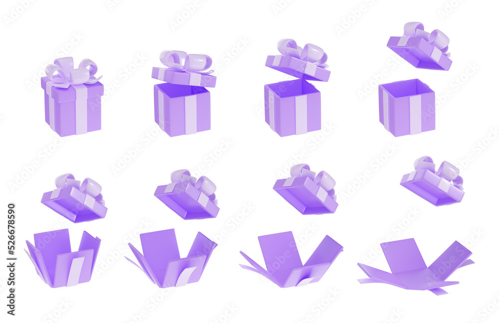 3d render gift boxes opening animation, closed and open purple present ...