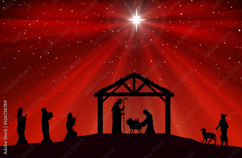 Christmas Nativity Scene black silhouette on red background Stock ...