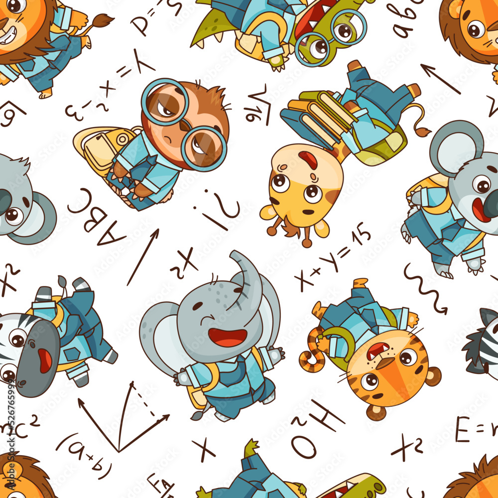 Seamless pattern with kids kawaii tropical animals go to school. Vector ...