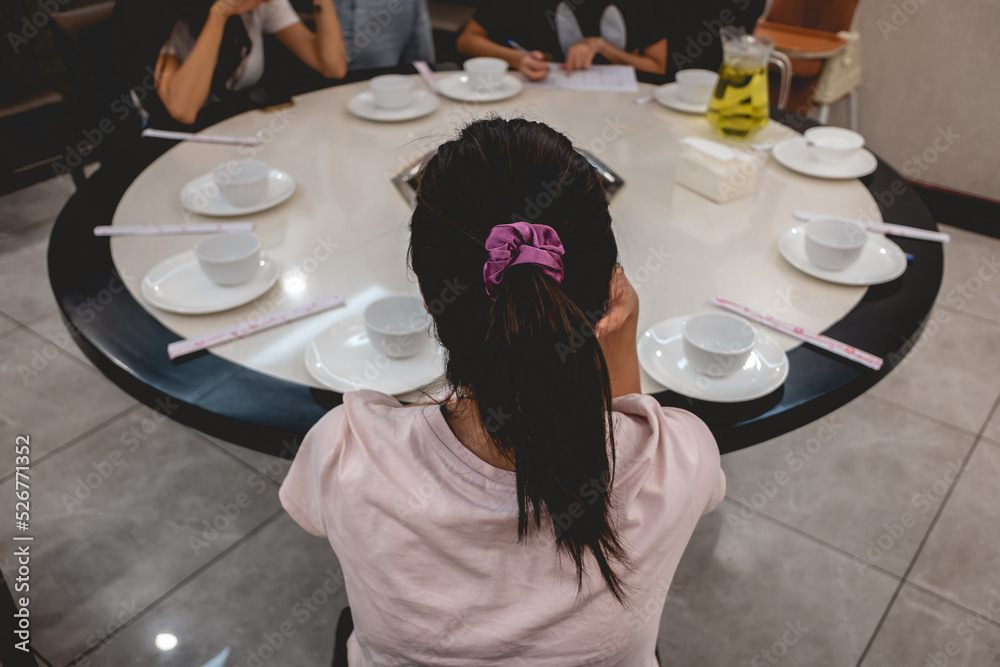 Beautiful young asian girl with ponytail and satin scrunchie hair tie ...