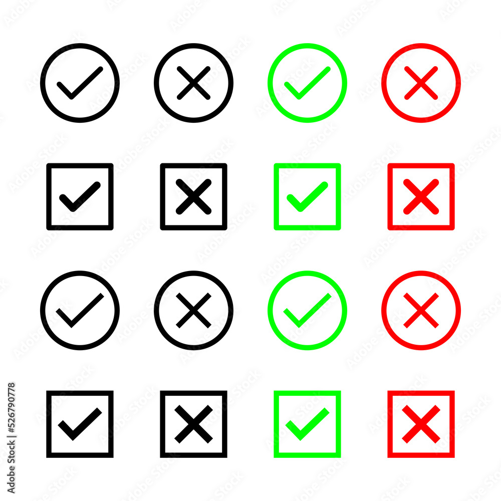 A colection of web button variants: green check mark and red cross ...