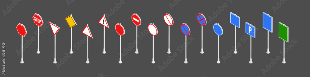 Isometric vector illustration of road signs isolated on gray background ...