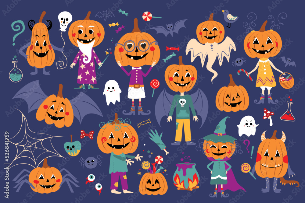 Big Collection of Halloween Characters. Witch and Wizard, Schoolgirls ...