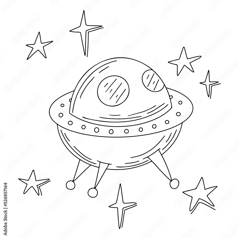 Toy UFO space ship in hand drawn doodle tyle. Alien space ship ...