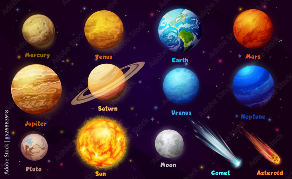 Sun system cartoon planets and stars, space and solar galaxy, vector ...