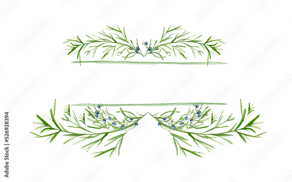 Juniper with berries frame border watercolor. Template for decorating ...