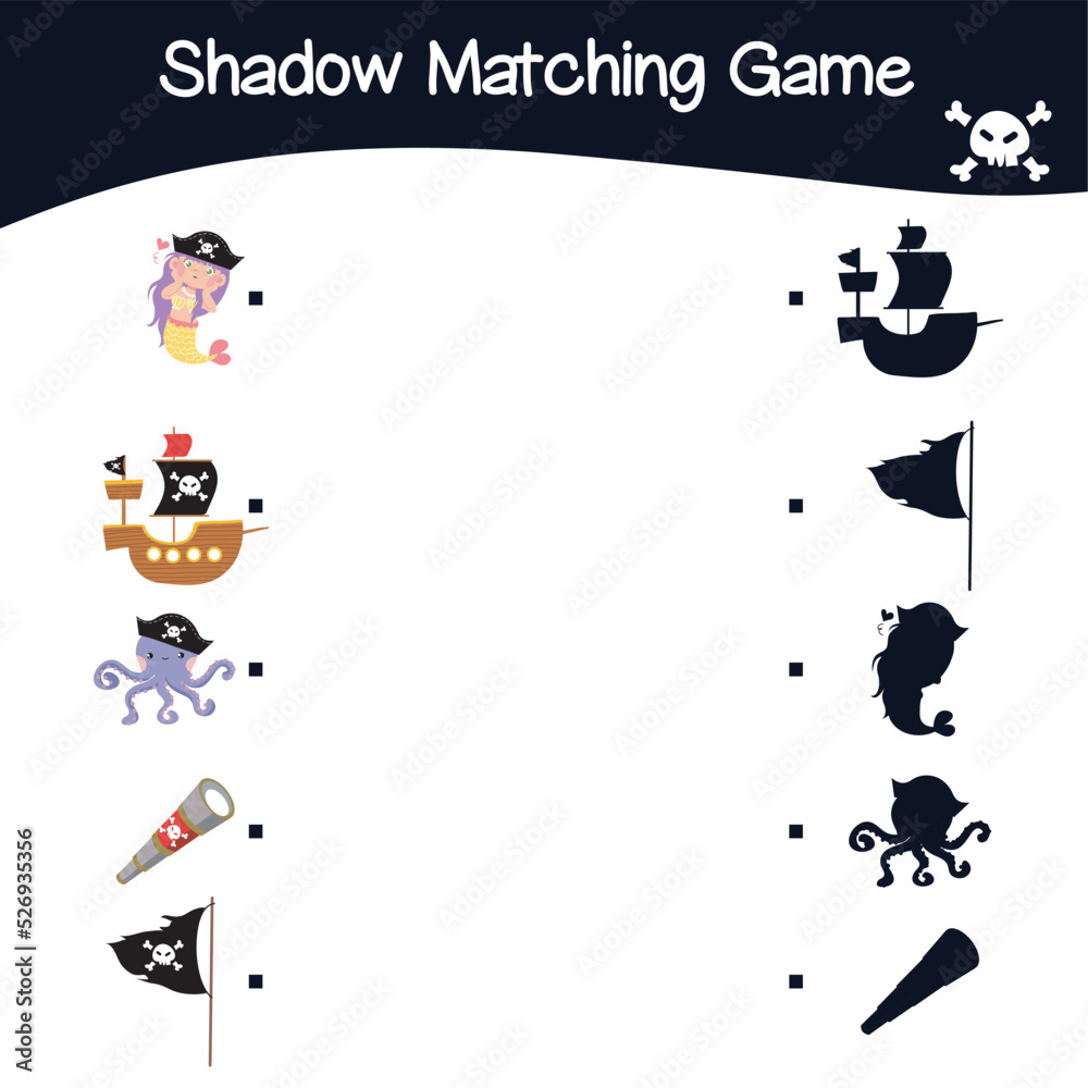 Find the correct shadow. Kids educational game. Cute adorable pirate ...