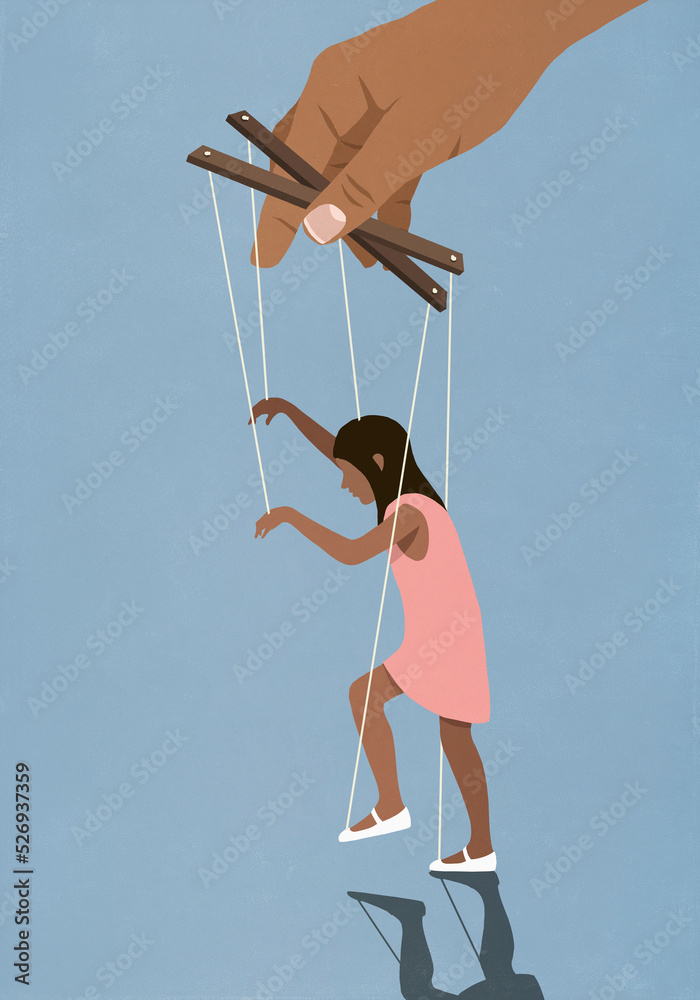 Hand controlling girl on puppet strings Stock Illustration | Adobe Stock