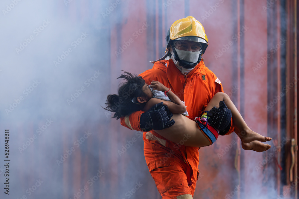 Fire fighting team emergency rescue life saving young girl from fire ...