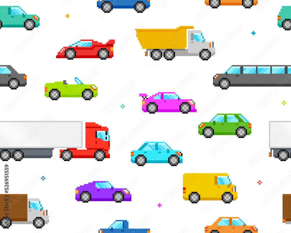 Pixel Art Cars seamless pattern. 8-bit game style pixel graphics city ...