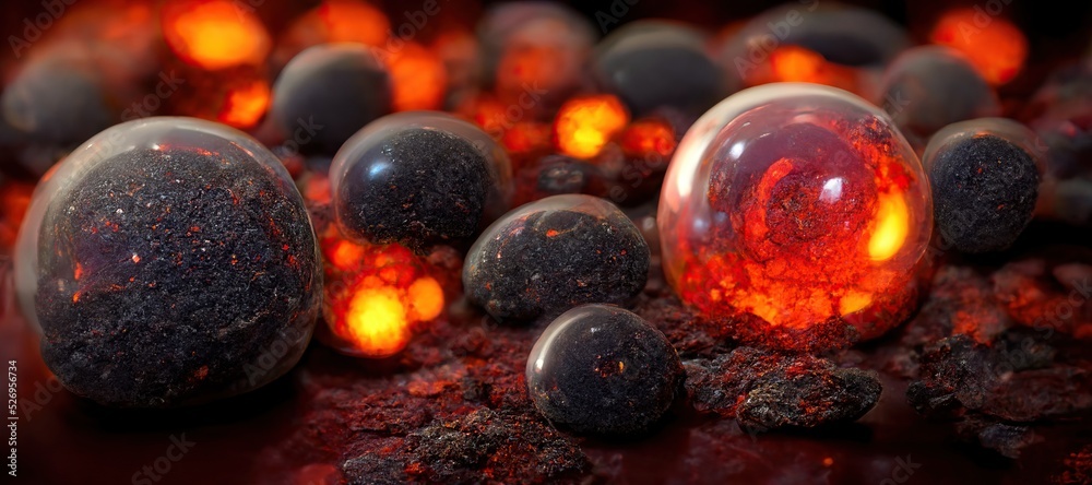 Glowing red hot lava bead spheres, black magma cooled pumice rock ...
