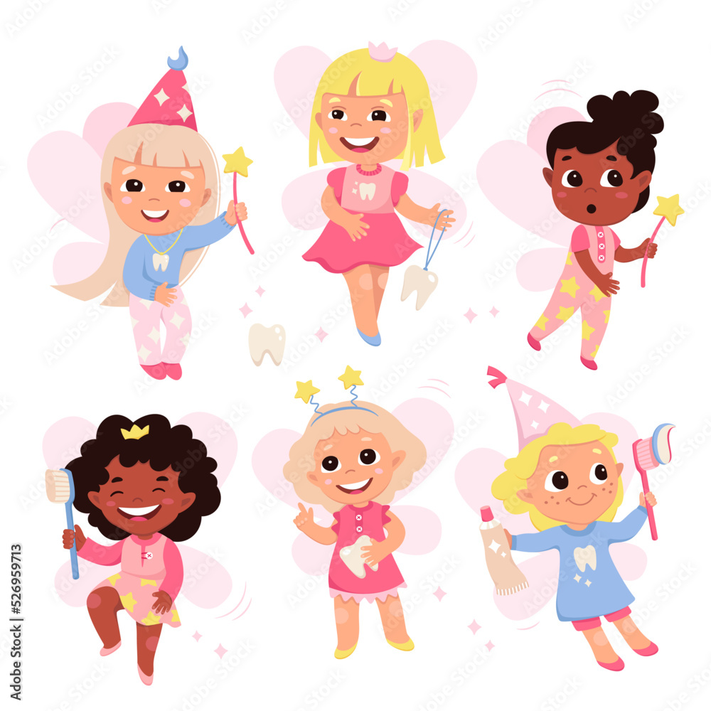 Tooth fairy set vector illustration. Cartoon isolated princess girls ...