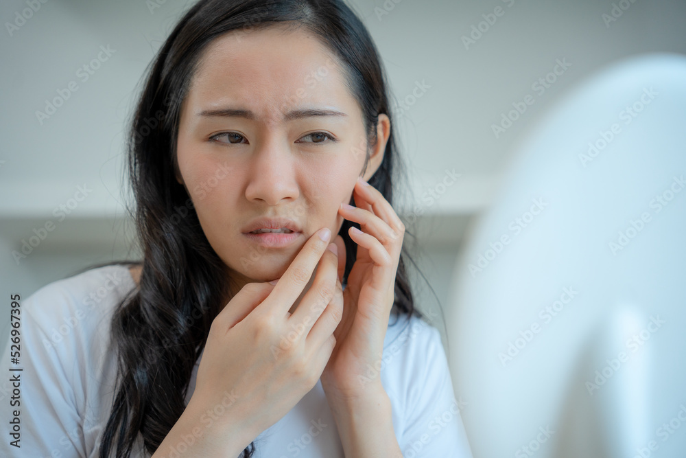 Woman asian worried about faces Dermatology, rosacea dermatitis ...