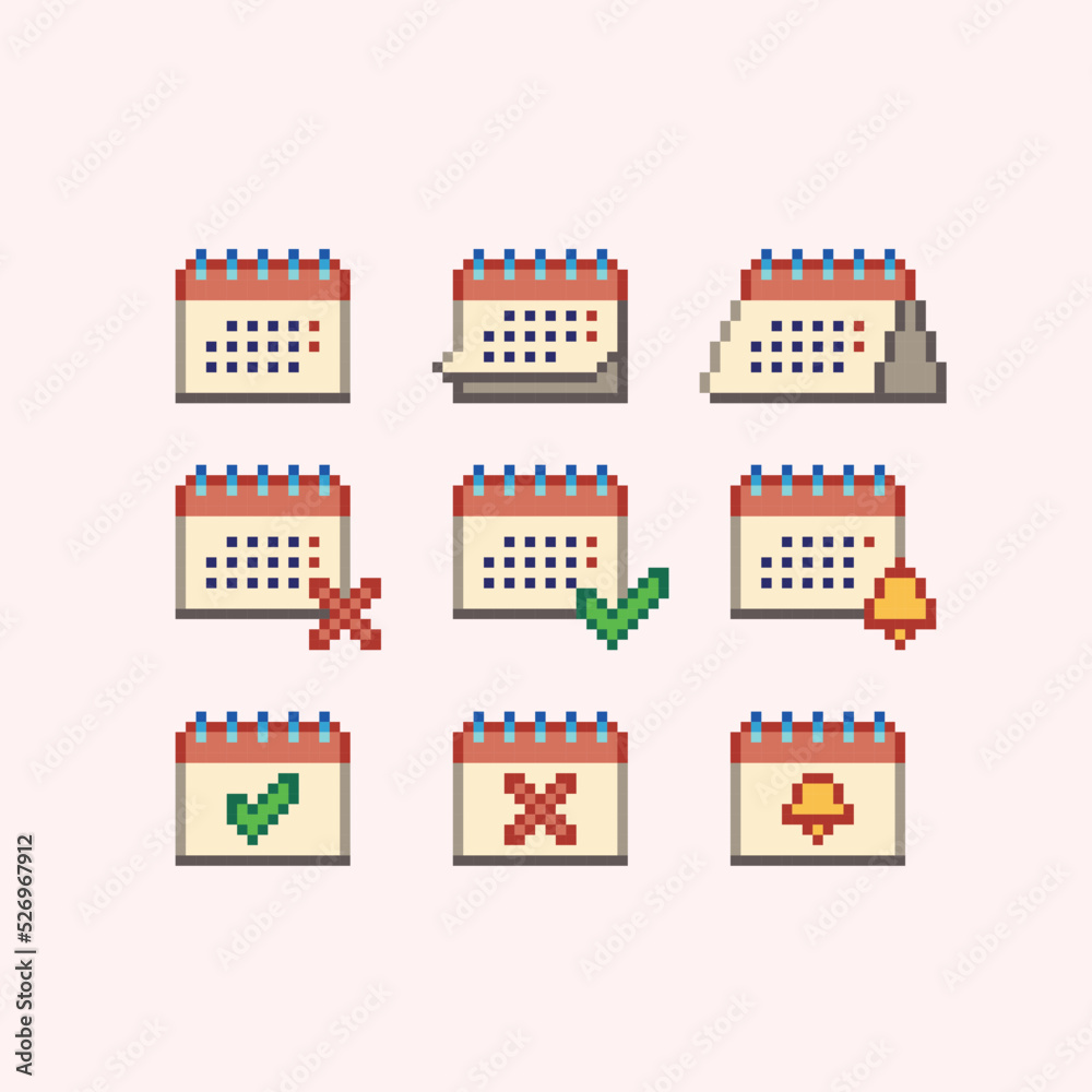 Calendar, organizer pixel art set. Month, date planner symbols ...