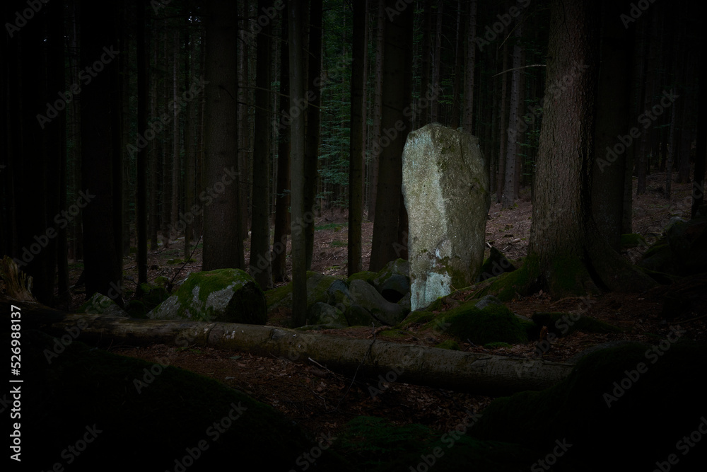 Artistically processed view night photo of ancient menhir hidden in the ...
