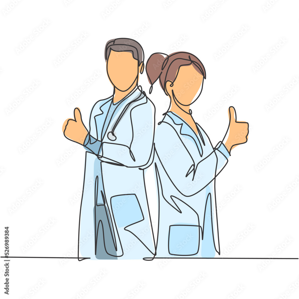 Single line drawing of young happy couple male and female doctor ...