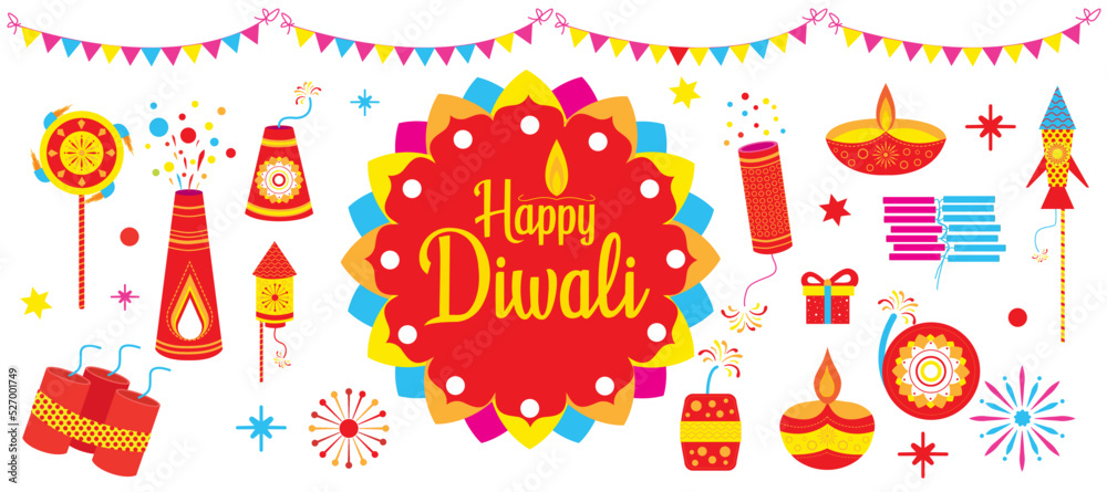 Diwali festival flat modern elements illustration and icon set for ...