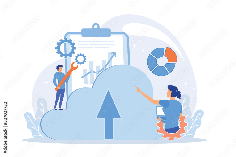 Developer working on laptop with cloud data. Computing applications, developing cloud system ...