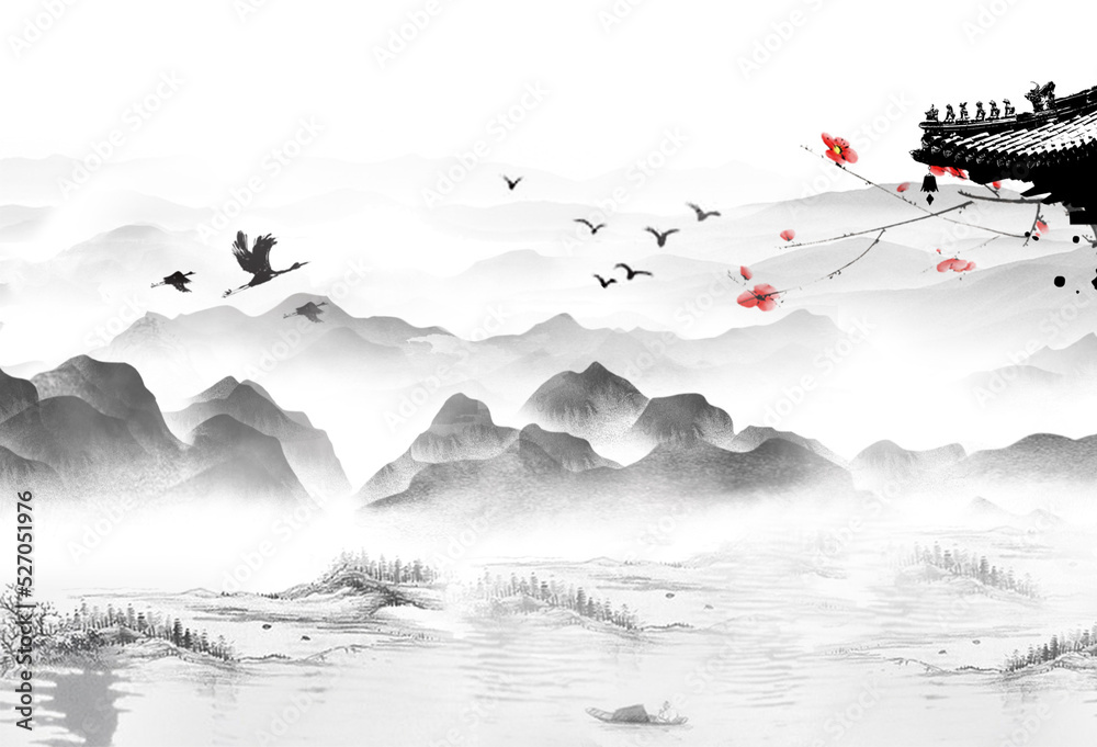 peaceful spring Chinese painting of mountains and rivers Clouds and ...