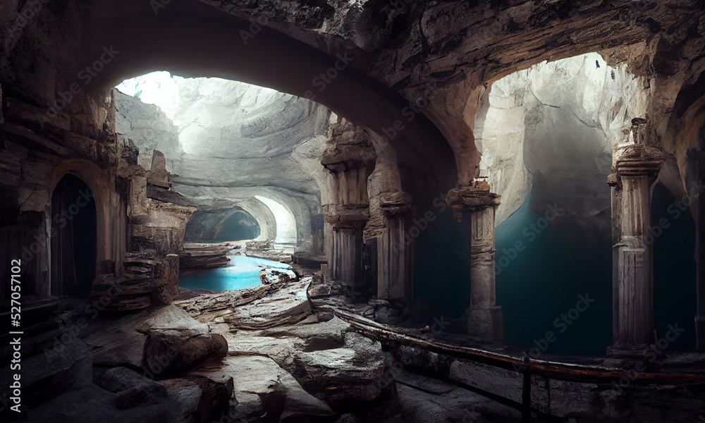 hidden lake inside cave with remains of the old town and corridors ...