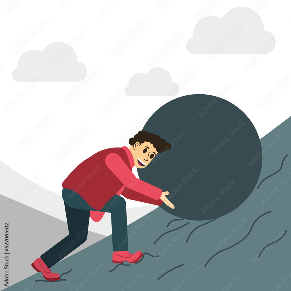 Man pushing a stone. Hard work, reach success, overcome adversity ...