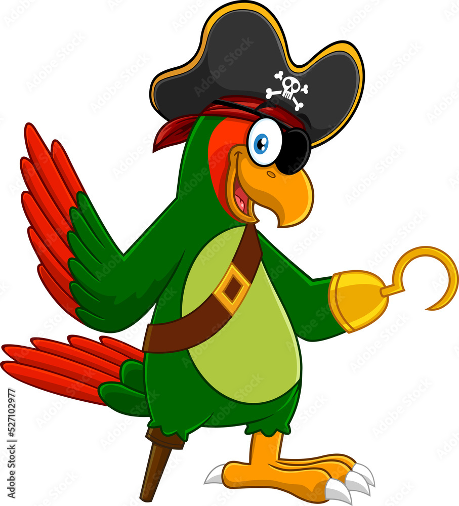 Parrot Pirate Bird Cartoon Character Waving. Hand Drawn Illustration ...