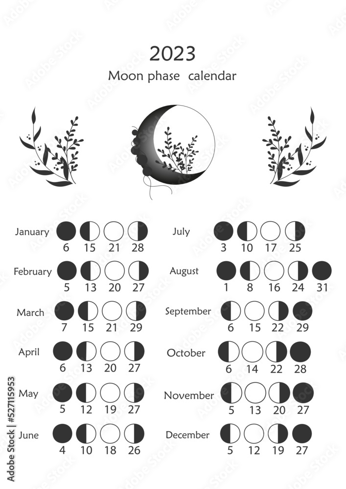 Lunar Calendar 2023 boho. 2023 Moon phase calendar. Vector illustration ...