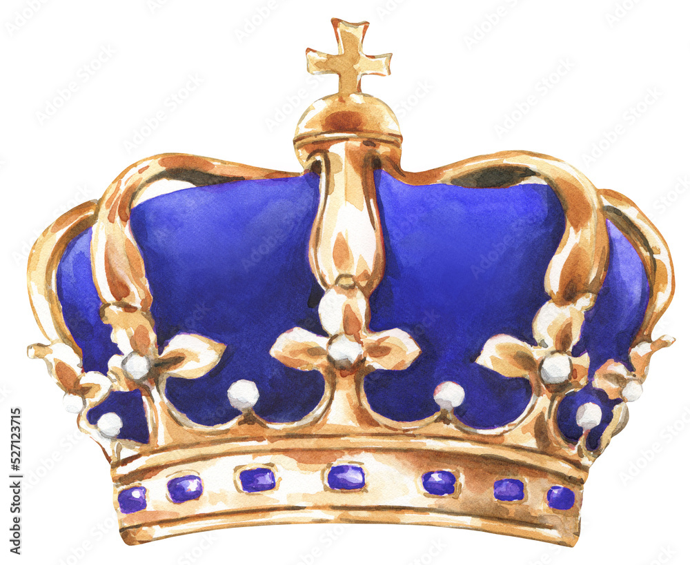 Watercolor blue crown illustration, Golden, King, realistic detailed ...