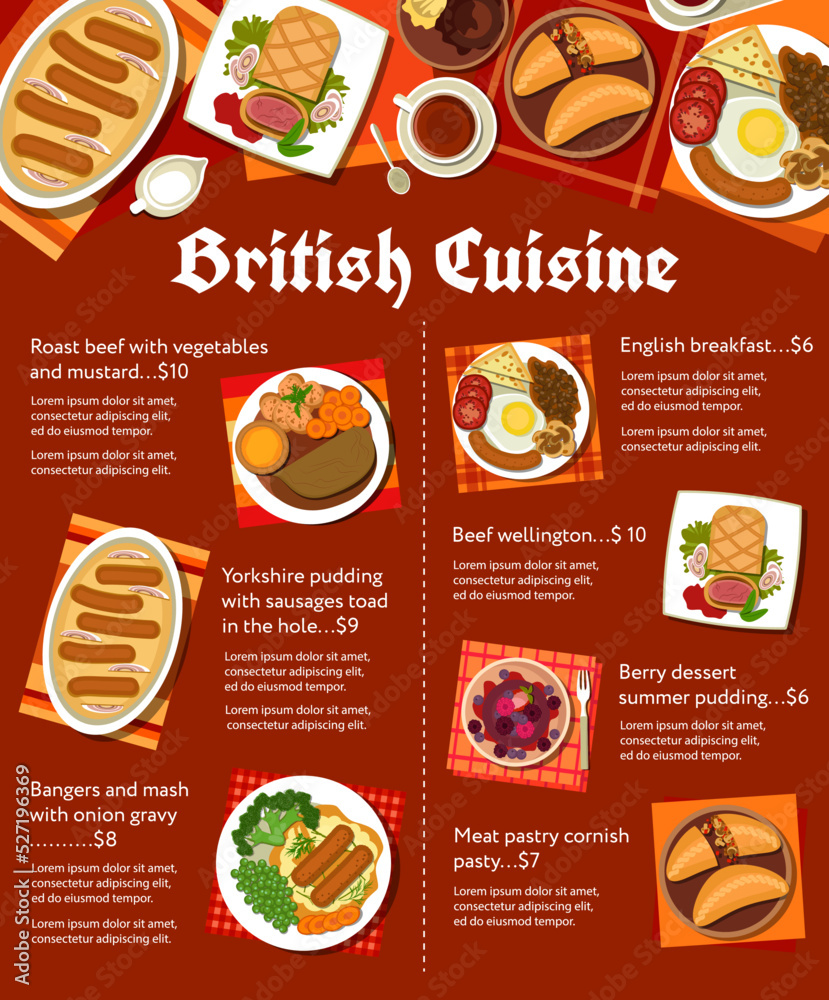 British cuisine restaurant meals menu page. Beef Wellington, Yorkshire ...