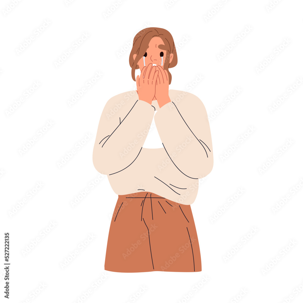 Scared woman crying, startled at smth. Girl weeping in grif, anxiety ...