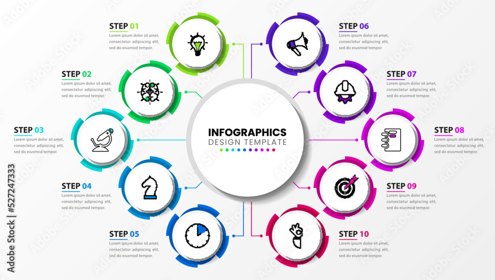 Infographic template. 10 gears with icons connected to the center Stock ...