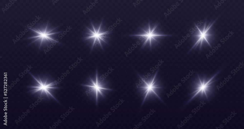 White lens flare, glowing star with rays, shiny flash spark, bright cosmic explosion isolated on ...