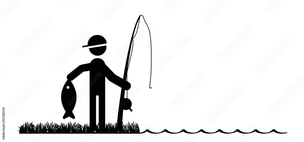 Cartoon drawing stickman, stick figure man holding a fish with casting ...
