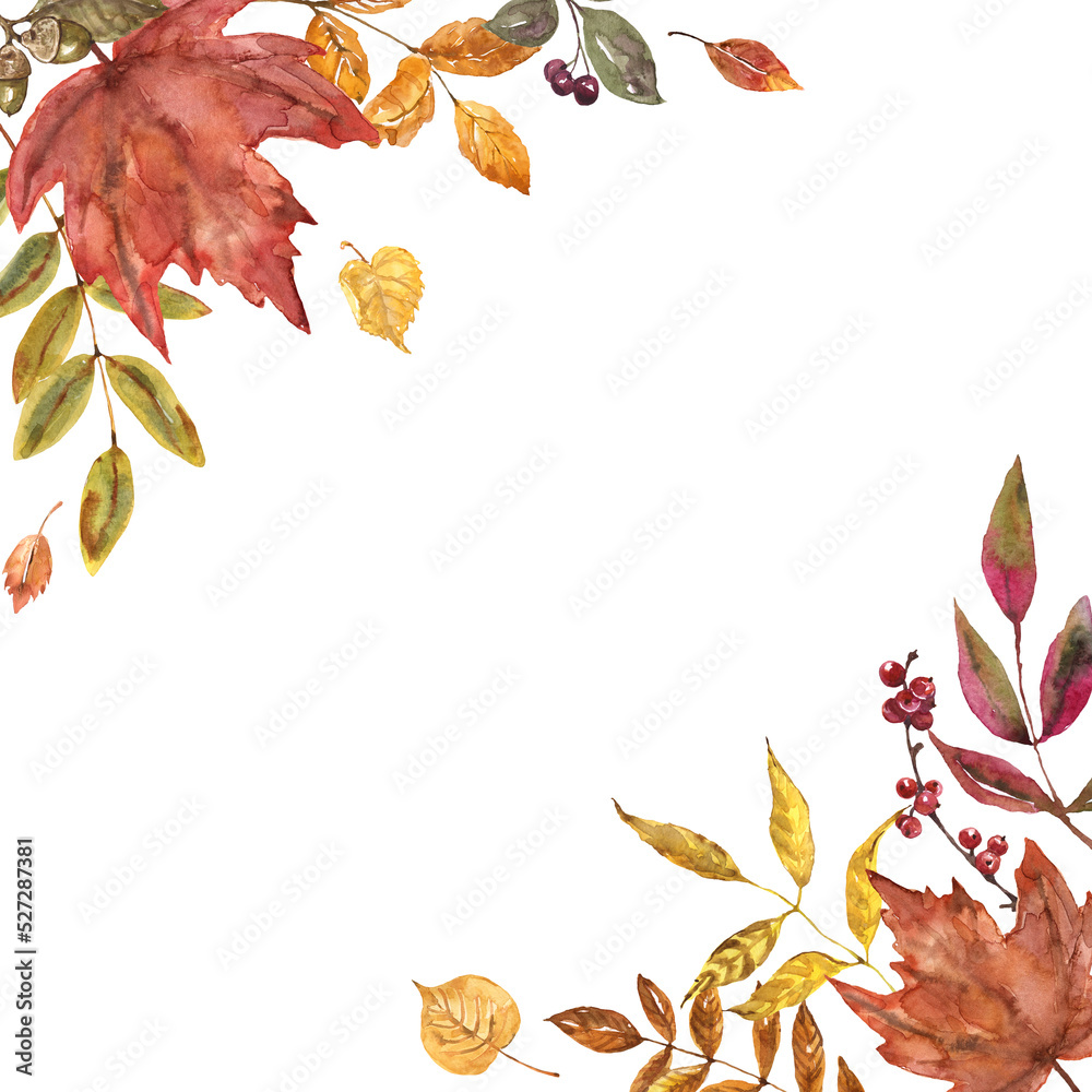 Autumn leaf and foliage corner border. Watercolor hand-painted fall ...