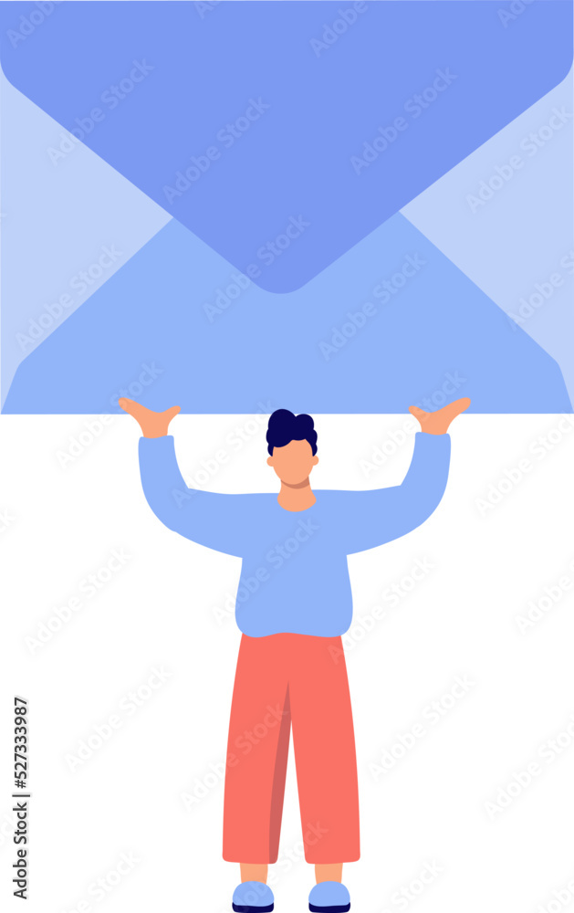 Cute tiny vector man carrying huge envelope overhead. Male character ...