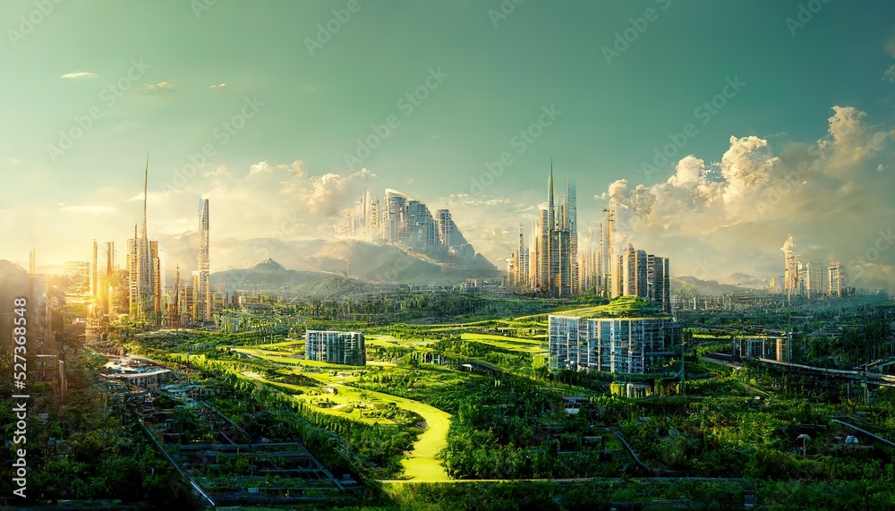 Raster illustration of biologically clean city. City among forests, rivers and mountains. Clean ...