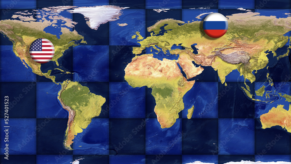USA and Russia Flags on World Map with Chessboard. Stock Illustration ...