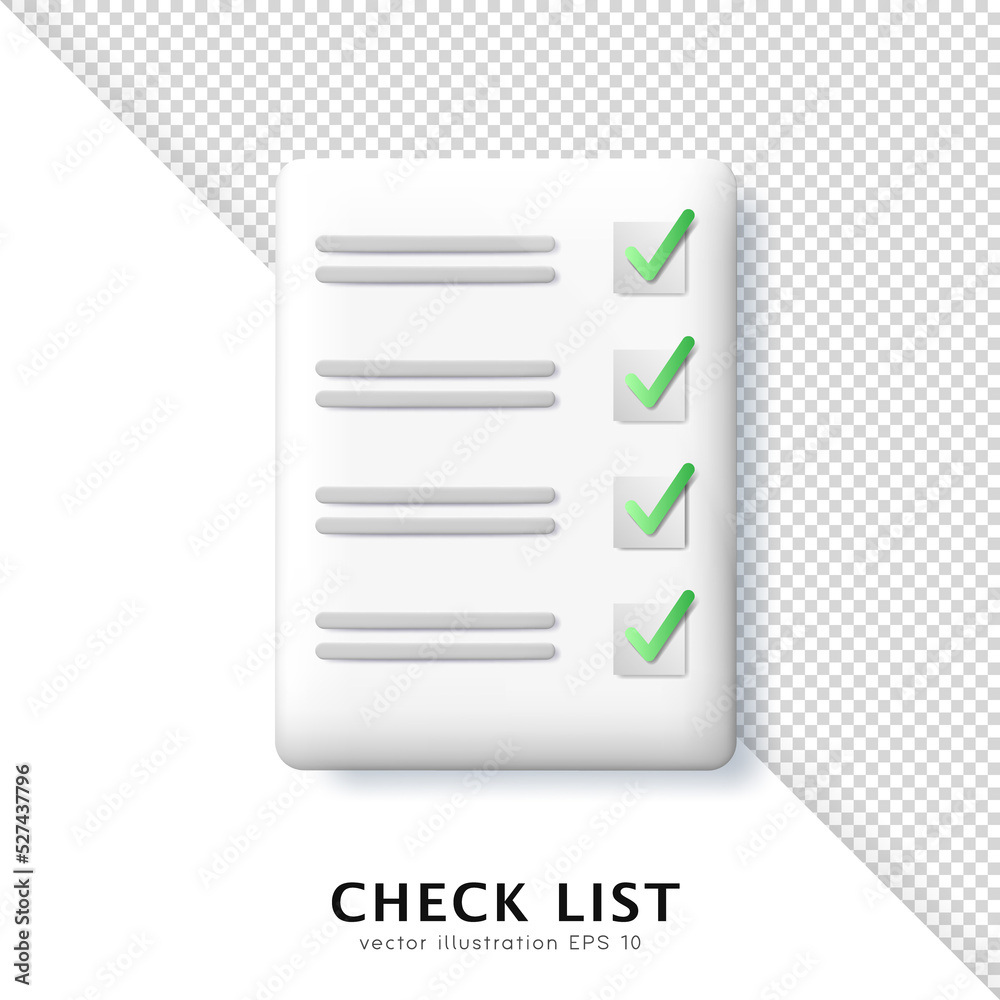 3d white paper with green check marks and text (to do list). Cartoon ...