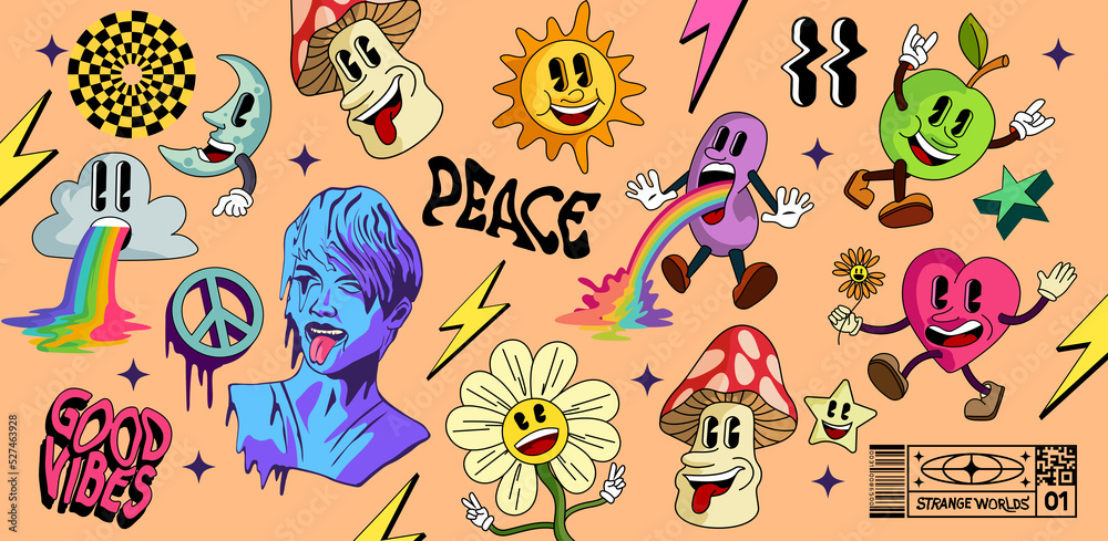 Psychedelic Acid cartoon characters and elements collection. Vector ...