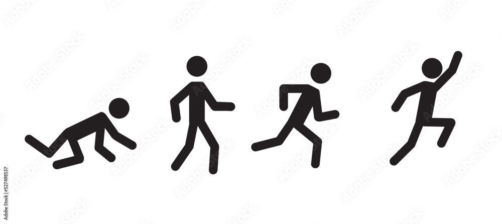 a set of pictograms of human figures, a stick man crawling, walking ...