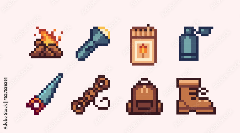 Camping, hiking equipment pixel art set. Tourist, travel symbols ...